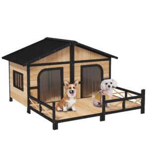 pawhut wooden large dog house outdoor double xl dog kennel with elevated floor and porch, weatherproof puppy shelter for small and medium breed dogs, natural