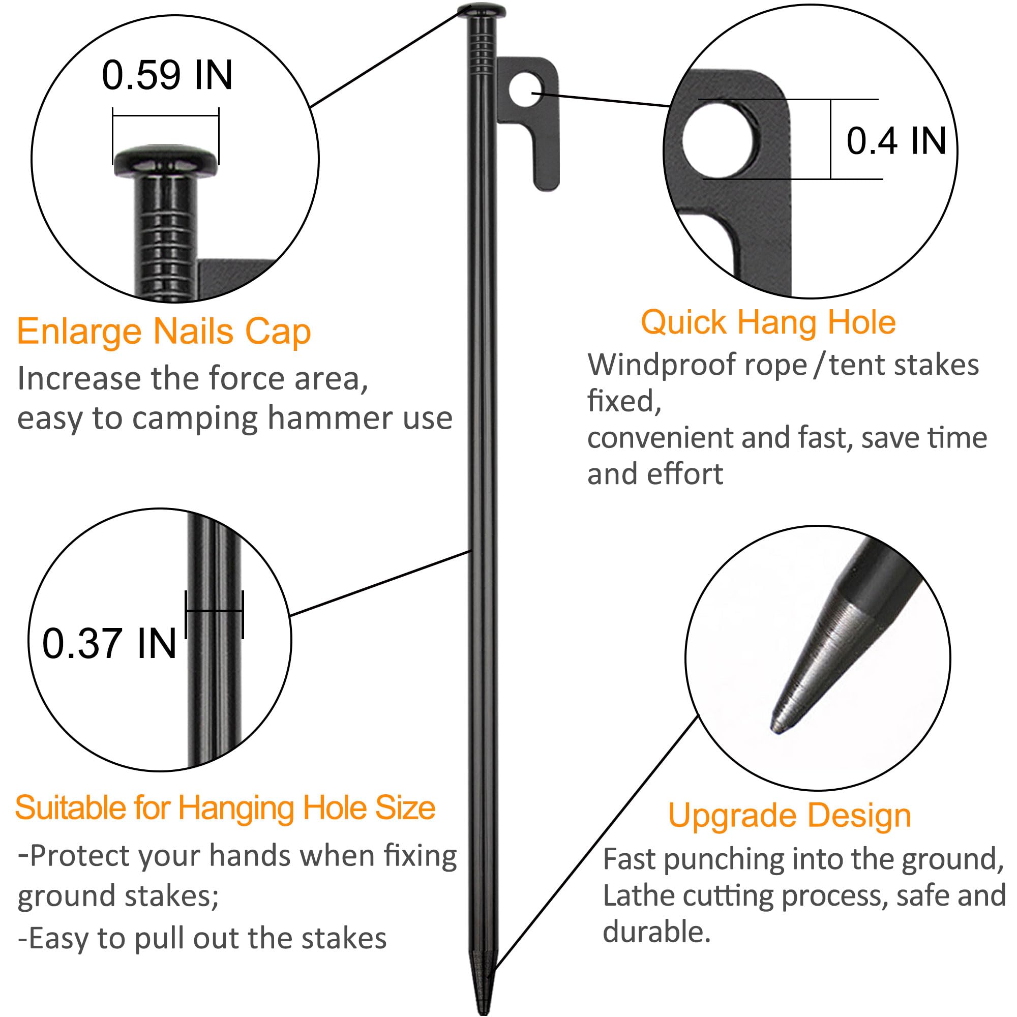 8 Pack Tent Stakes Heavy Duty 12 inch Steel Tent Pegs for Camping Unbreakable and Inflexible