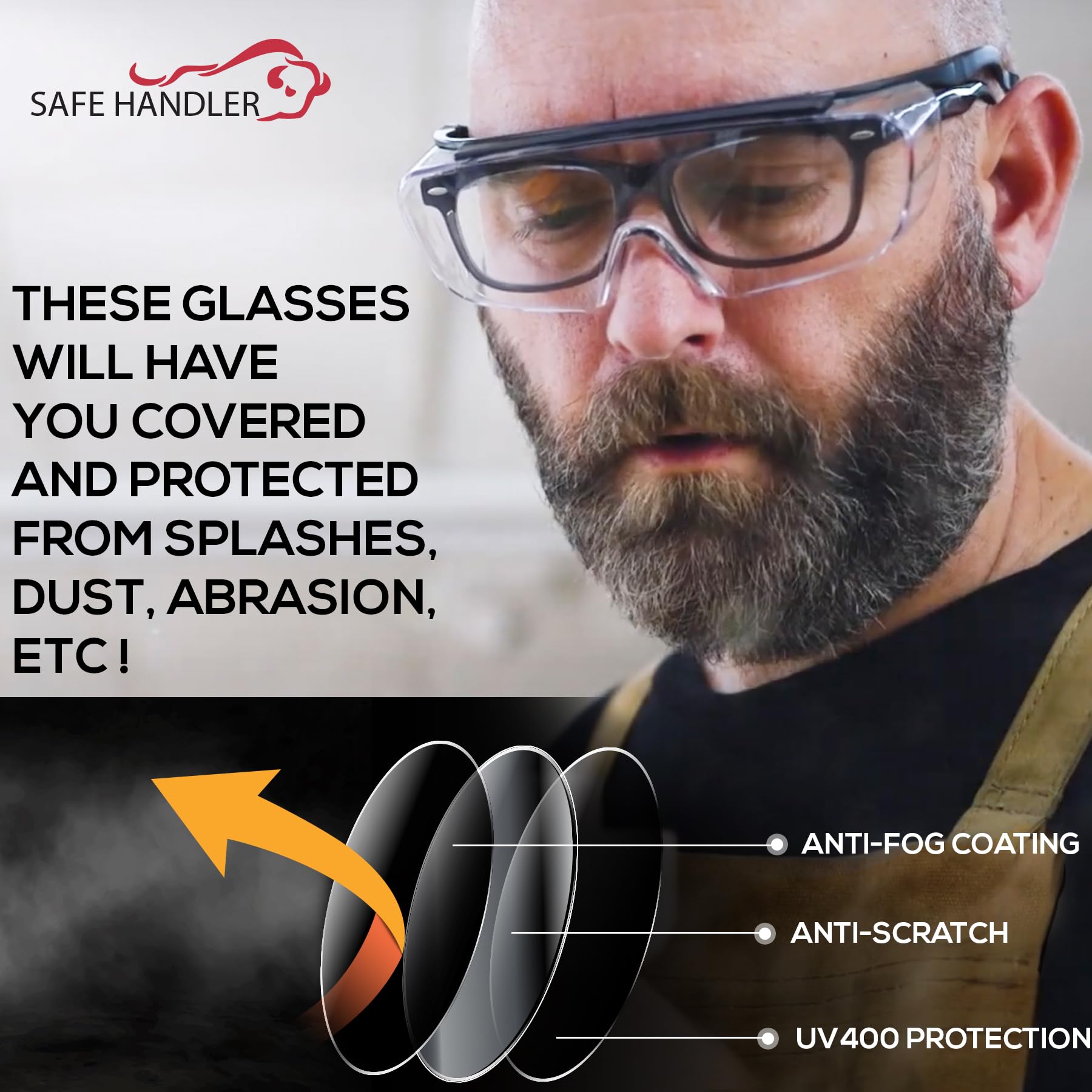 SAFE HANDLER BISON LIFE Duarte Premium Over The Glass Safety Glasses; ANSI Z87.1 Impact Resistant Polycarbonate Wraparound Lenses, with Anti-Fog & Anti-Scratch, UV400 Protection