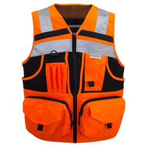 zuja 3m reflective stripes safety vest hi-vis orange knitted vest with 10 pockets bright construction workwear for men and women. (extra large)