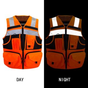 ZUJA 3M Reflective stripes Safety Vest Hi-vis Orange knitted Vest with 10 pockets Bright Construction Workwear for men and women. (Extra Large)