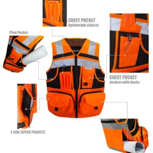 ZUJA 3M Reflective stripes Safety Vest Hi-vis Orange knitted Vest with 10 pockets Bright Construction Workwear for men and women. (Extra Large)