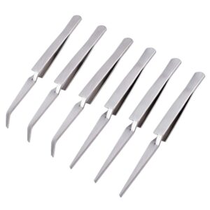 wandic precision tweezers set, 6 pcs 2 styles stainless steel tweezers repair kit for craft, jewelry, electronics, laboratory work