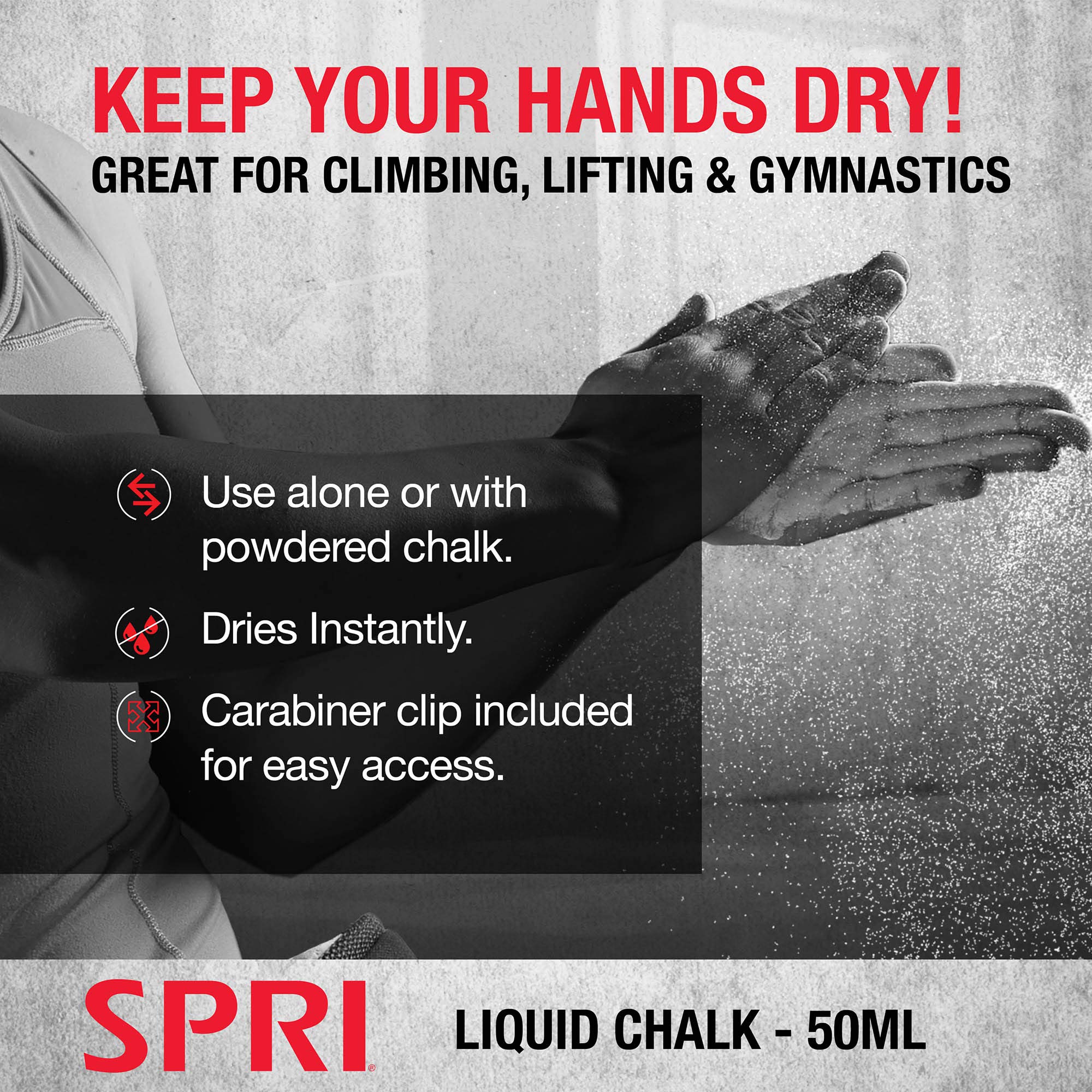 SPRI Liquid Chalk 50ml Bottle - Works as Gym Chalk, Lifting Chalk, Rock Climbing Chalk, Weightlifting Chalk - Dries Instantly, Use Alone or with Powdered Chalk Ball or Bag