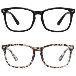 meetsun blue light blocking glasses, anti eye strain headache (sleep better),computer reading glasses uv400 transparent lens (2 pack black +leopard lens, 53)