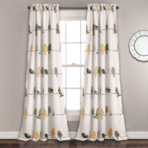 lush decor rowley birds light filtering window curtain panels, pair, 52" w x 95" l, yellow & gray - colorful floral print - whimsical & playful bird curtains for bedroom, living room, or dining room