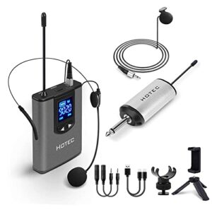 hotec uhf wireless headset microphone/lavalier lapel mic with bodypack transmitter and mini rechargeable receiver 1/4" output for vlogging or speech