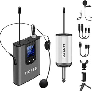 HOTEC UHF Wireless Headset Microphone/Lavalier Lapel Mic with Bodypack Transmitter and Mini Rechargeable Receiver 1/4" Output for Vlogging or Speech