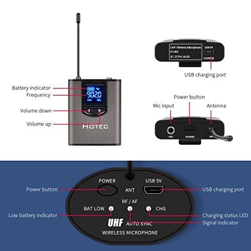 HOTEC UHF Wireless Headset Microphone/Lavalier Lapel Mic with Bodypack Transmitter and Mini Rechargeable Receiver 1/4" Output for Vlogging or Speech