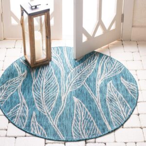 unique loom outdoor botanical collection area rug - leaf (4' 1" round, teal/ ivory)