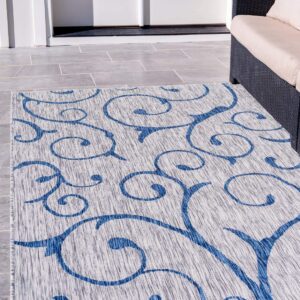 Unique Loom Outdoor Botanical Collection Area Rug - Curl (7' 1" x 10' Rectangle, Gray/ Navy Blue)