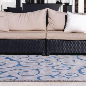 Unique Loom Outdoor Botanical Collection Area Rug - Curl (7' 1" x 10' Rectangle, Gray/ Navy Blue)