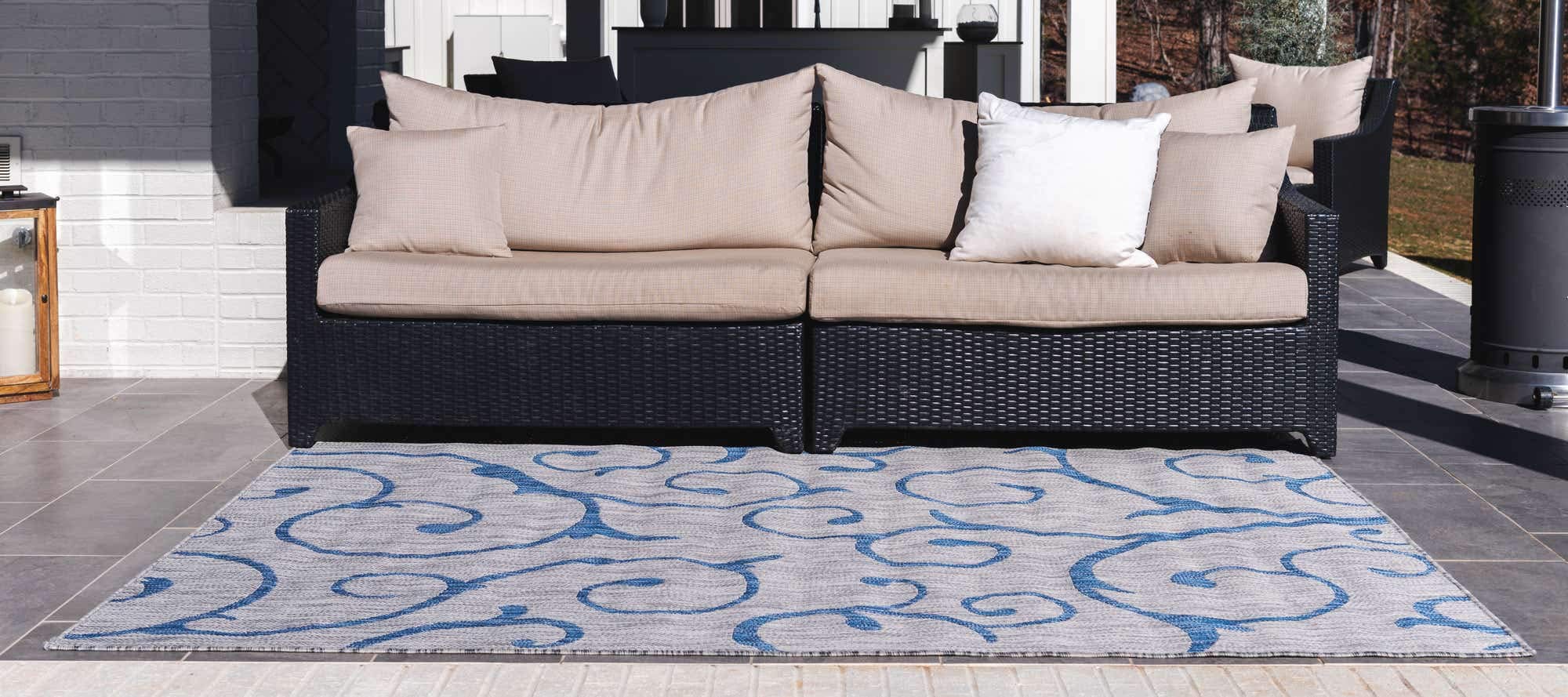 Unique Loom Outdoor Botanical Collection Area Rug - Curl (7' 1" x 10' Rectangle, Gray/ Navy Blue)