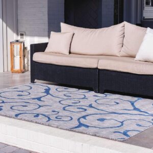 Unique Loom Outdoor Botanical Collection Area Rug - Curl (7' 1" x 10' Rectangle, Gray/ Navy Blue)