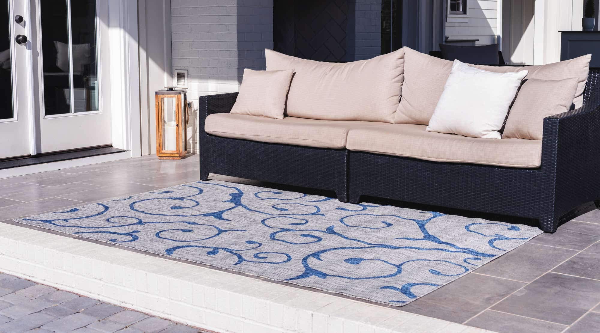 Unique Loom Outdoor Botanical Collection Area Rug - Curl (7' 1" x 10' Rectangle, Gray/ Navy Blue)