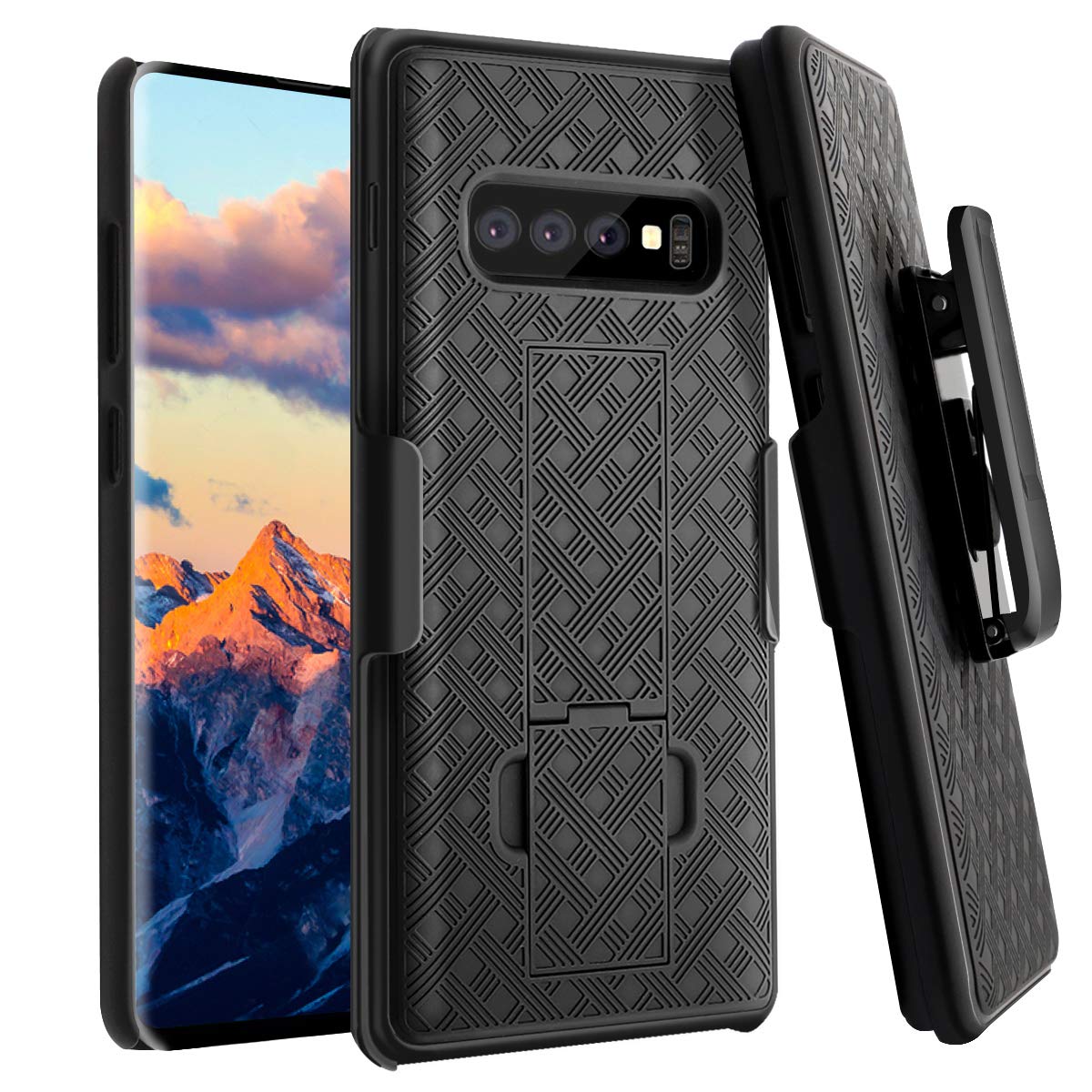 Galaxy S10 Plus Case, Fingic S10 Plus Combo Shell Holster Case Slim Fit Shell with Swivel Belt Clip Holster Bulit-in Kickstand Protective Cover for Samsung Galaxy S10 Plus 6.4 inch - Black