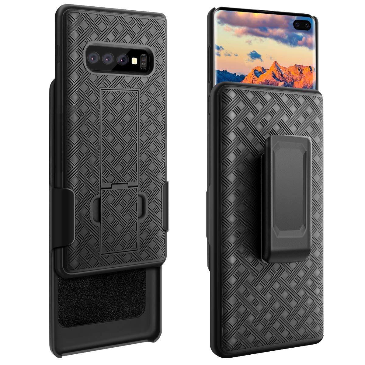 Galaxy S10 Plus Case, Fingic S10 Plus Combo Shell Holster Case Slim Fit Shell with Swivel Belt Clip Holster Bulit-in Kickstand Protective Cover for Samsung Galaxy S10 Plus 6.4 inch - Black