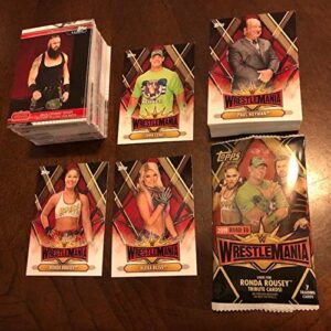 2019 topps road to wrestlemania hand collated complete wrestling set of 100 cards plus roster 35 set of 50, 150 cards total. all cards near mint to mint condition includes bonus empty retail wrapper. multiple cards of rhonda rousey plus john cena, alexa b