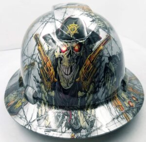 wet works imaging customized pyramex full brim dirty dirty harry hard hat with ratcheting suspension custom lids crazy sick construction ppe