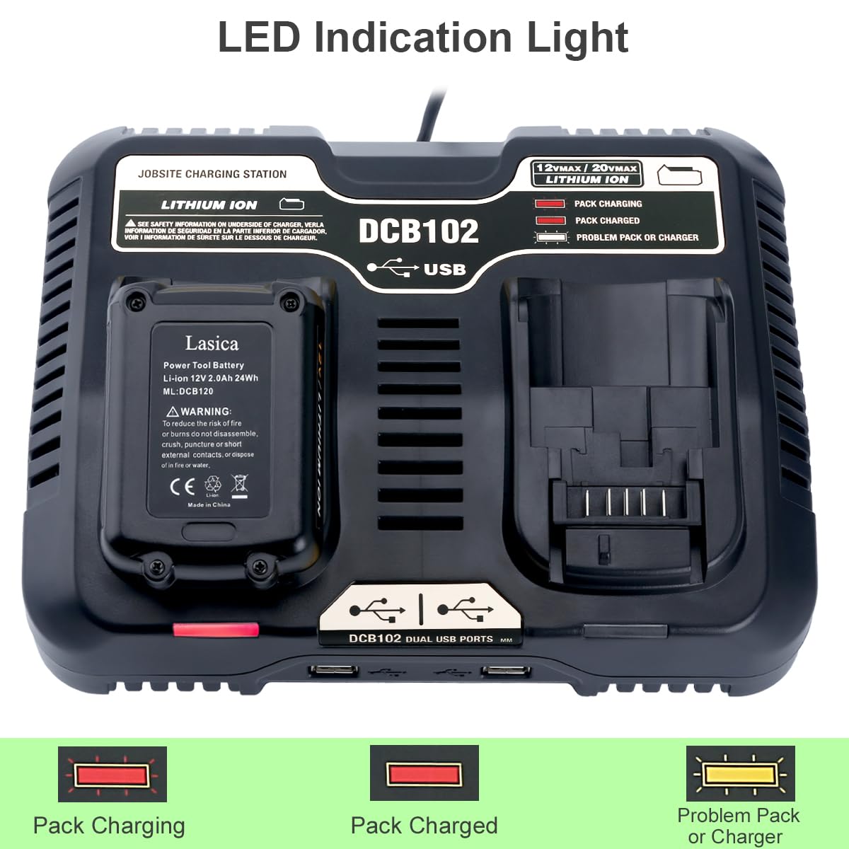 Lasica Replacement for 20V Battery Dual Fast Charger DCB102BP Compatible with 20 Volt Max XR Battery DCB206 DCB200 DCB204 DCB3244 DCB201 DCB203 DCBP034 60V Max DCB606 DCB609 Battery