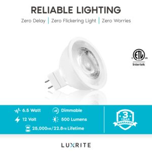 LUXRITE MR16 LED Bulb 50W Equivalent, 12V, 5000K Bright White Dimmable, 500 Lumens, GU5.3 LED Spotlight Bulb 6.5W, Enclosed Fixture Rated, Perfect for Track and Home Lighting (6 Pack)