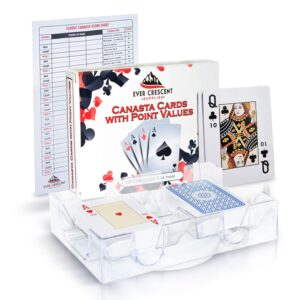 ever crescent supplies canasta cards with point values, tray and score pads set. includes 2 deck of cards, revolving holder, and 50 scoring sheets.