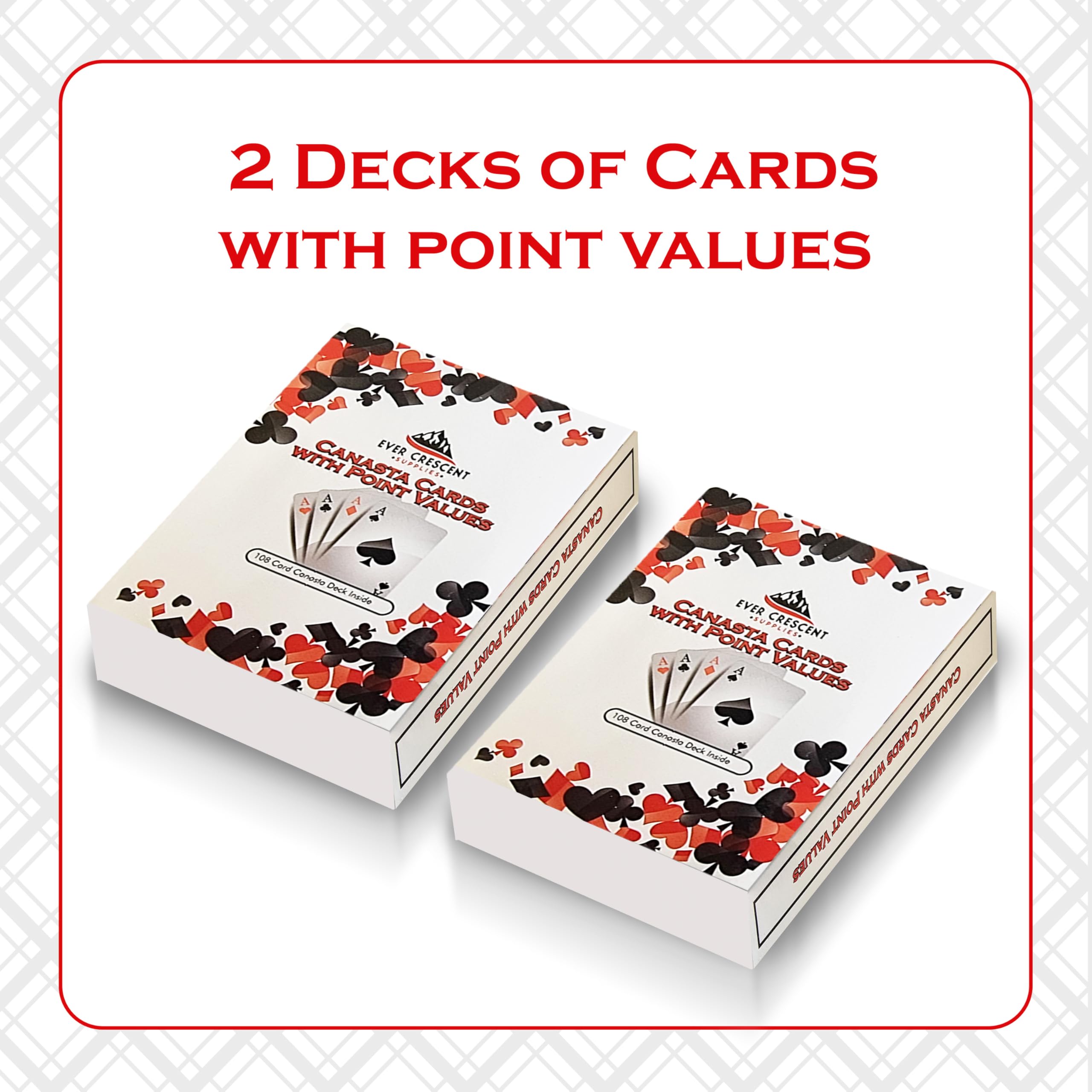 Ever Crescent Supplies Canasta Cards with Point Values, Tray and Score Pads Set. Includes 2 Deck of Cards, Revolving Holder, and 50 Scoring Sheets.