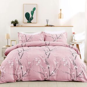 wongs bedding pink floral duvet cover set queen, reversible flower plum blossom printed comforter cover set with 2 pillowcases 3 pieces bedding set soft microfiber queen size 90"x90"(not comforter)