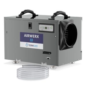 baseaire airwerx55 dehumidifier for crawl space basement,120 pints commercial dehumidifier with continuous drain hose, 5 years warranty, intelligent humidity control, auto shut off/restart