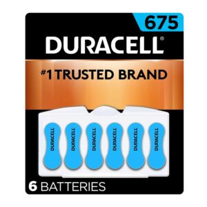 duracell hearing aid batteries blue size 675, 6 count pack, 675a size hearing aid battery with long-lasting power, extra-long easytab install for hearing aid devices