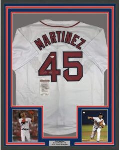 framed autographed/signed pedro martinez 33x42 boston white baseball jersey jsa coa