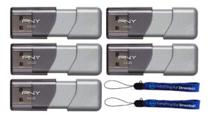 pny 64gb usb 3.0 flash drive elite turbo attache 3 (five pack) model p-fd64gtbop-ge bundle with (2) everything but stromboli lanyard