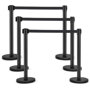 goplus 6pcs stanchions, crowd control barriers with 6.5' retractable belt, stainless steel stanchion posts queue line pole, 35" height, easy connect assembly