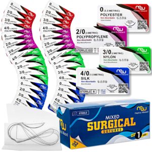 mixed sterile sutures thread with needle 32pk (0, 2-0, 3-0, 4-0) non-absorbable - surgical emergency practice, medical, nursing, emt, pa, dental, veterinary student's hospital training kit, taxidermy