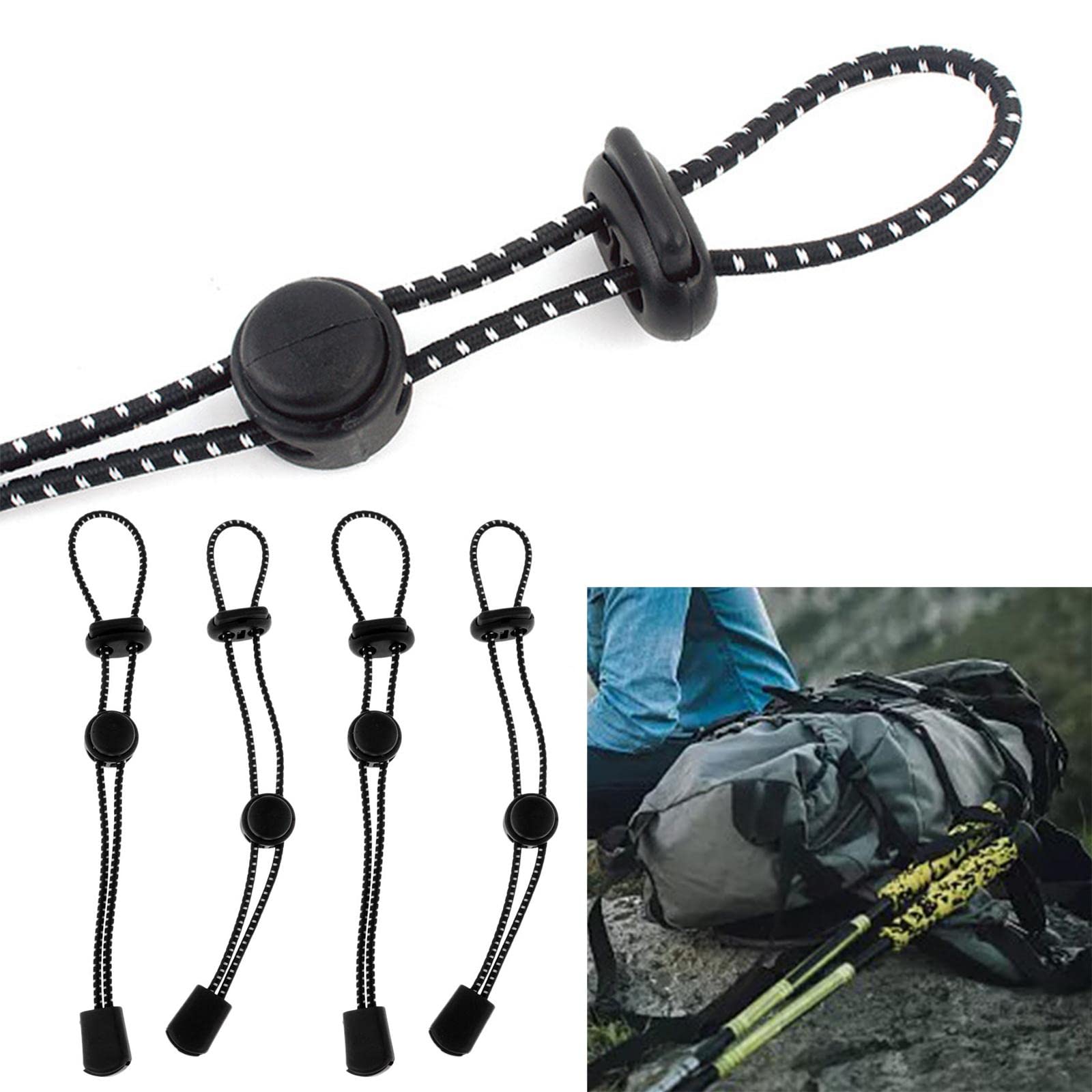 4pcs Backpack Hiking Stick Holder, Walking Pole Fixing Buckle Elastic Rope Lanyard for Mountaineering Climbing Trekking Outdoors