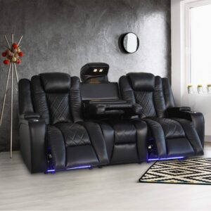 valencia oxford home theater seating | 11000 top grain black leather, power recliner, with drop down center console (row of 3)