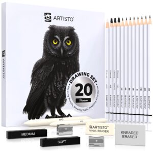 artisto drawing and sketching pencil art set (20 items) - complete kit with graphite pencils, charcoal pencils, sticks, blending stumps, erasers, and sharpeners