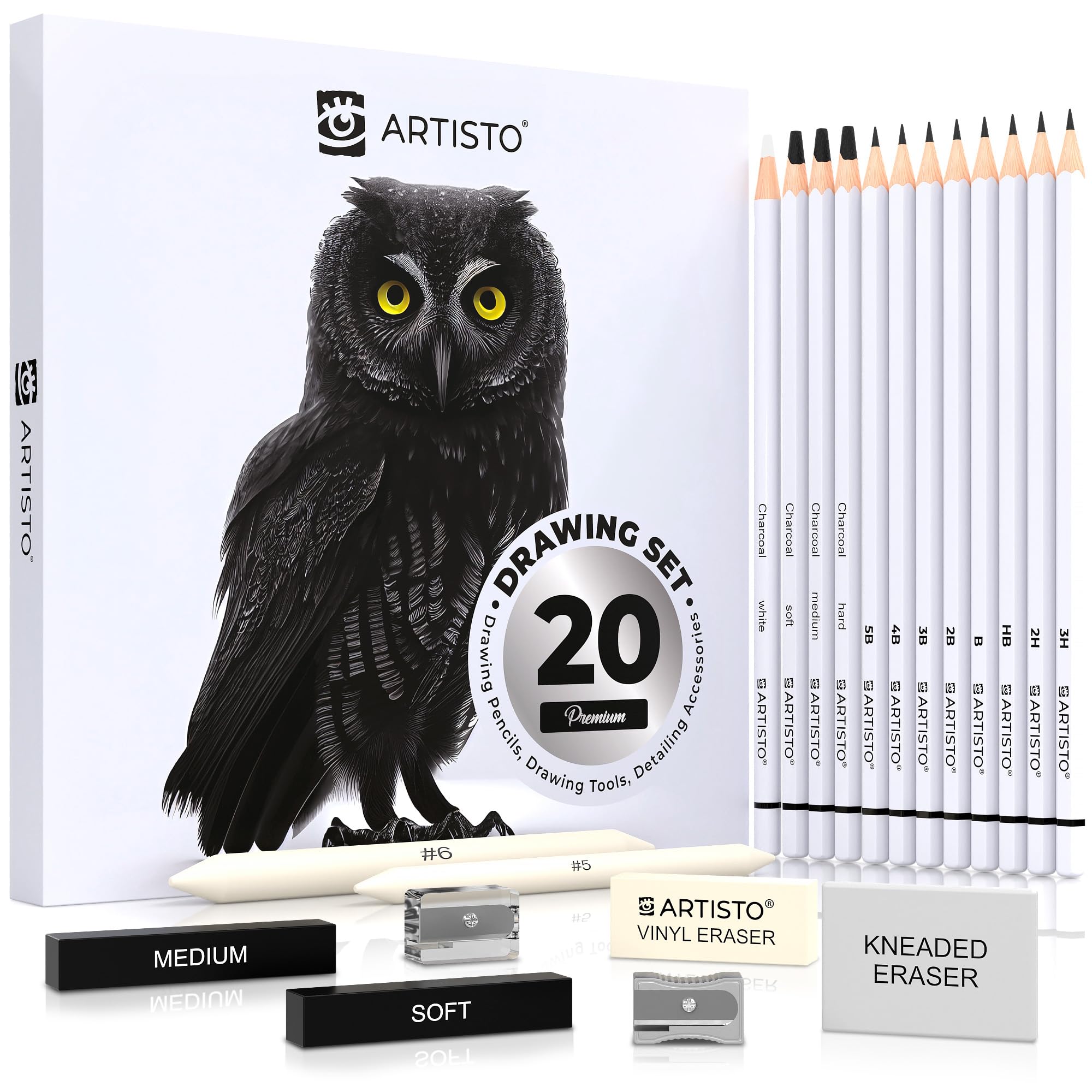 Artisto Drawing and Sketching Pencil Art Set (20 Items) - Complete Kit with Graphite Pencils, Charcoal Pencils, Sticks, Blending Stumps, Erasers, and Sharpeners