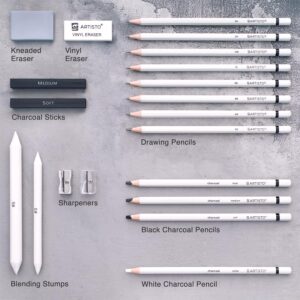 Artisto Drawing and Sketching Pencil Art Set (20 Items) - Complete Kit with Graphite Pencils, Charcoal Pencils, Sticks, Blending Stumps, Erasers, and Sharpeners