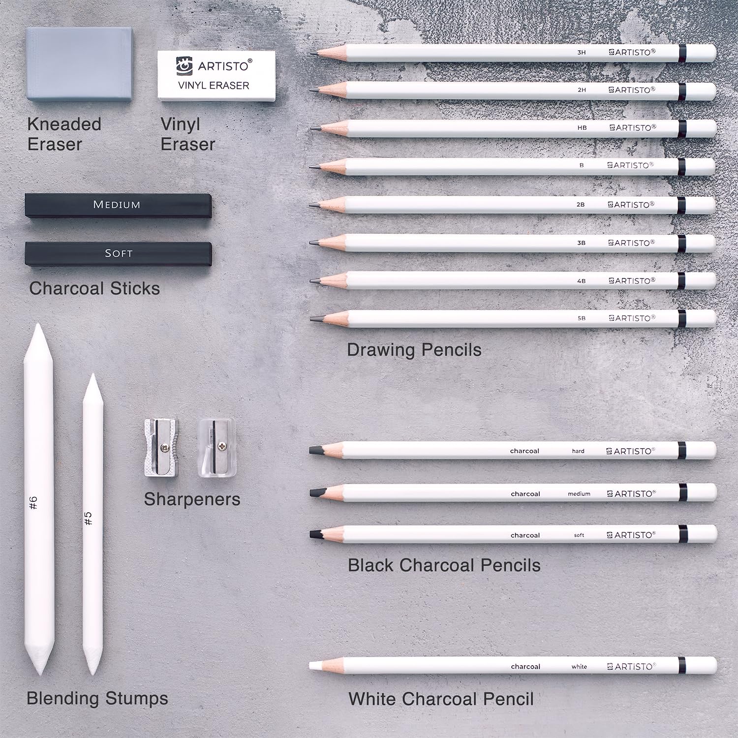 Artisto Drawing and Sketching Pencil Art Set (20 Items) - Complete Kit with Graphite Pencils, Charcoal Pencils, Sticks, Blending Stumps, Erasers, and Sharpeners