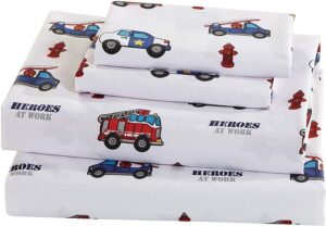 fancy collection twin size sheet set (police car fire truck ambulance heroes blue red green grey white)