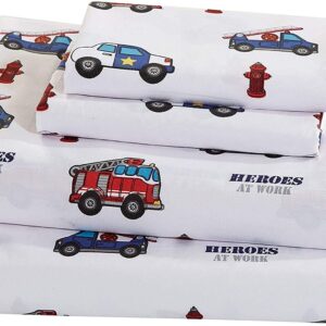 Fancy Collection Twin Size Sheet Set (Police Car Fire Truck Ambulance Heroes Blue Red Green Grey White)