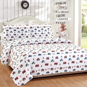 Fancy Collection Twin Size Sheet Set (Police Car Fire Truck Ambulance Heroes Blue Red Green Grey White)