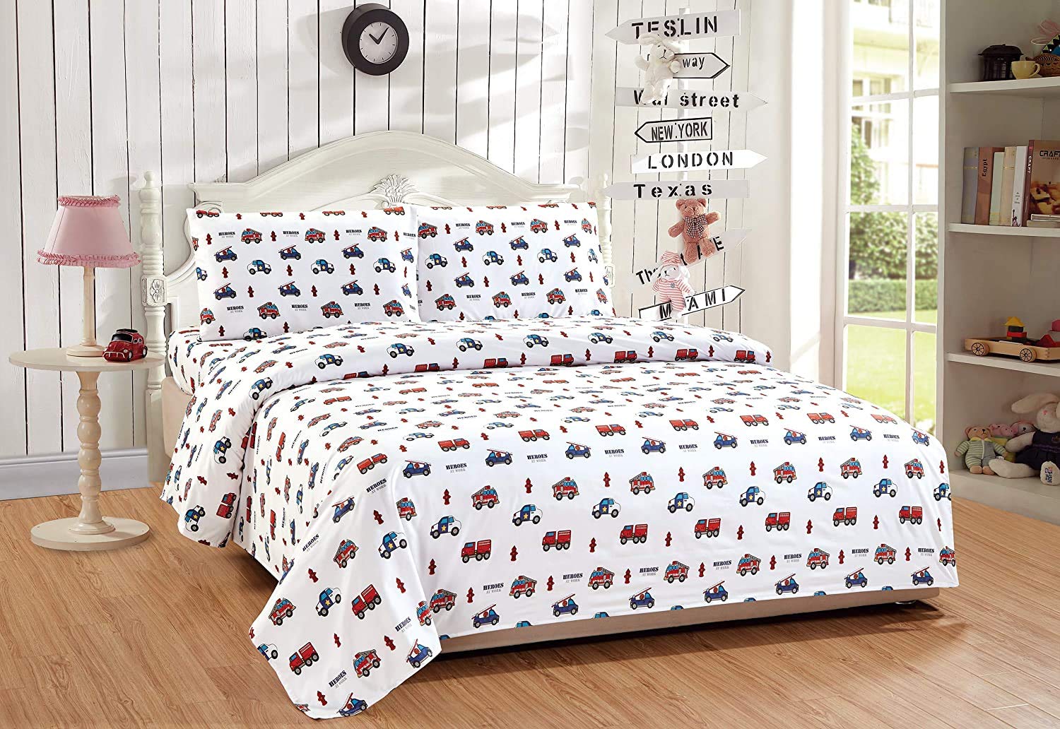 Fancy Collection Twin Size Sheet Set (Police Car Fire Truck Ambulance Heroes Blue Red Green Grey White)