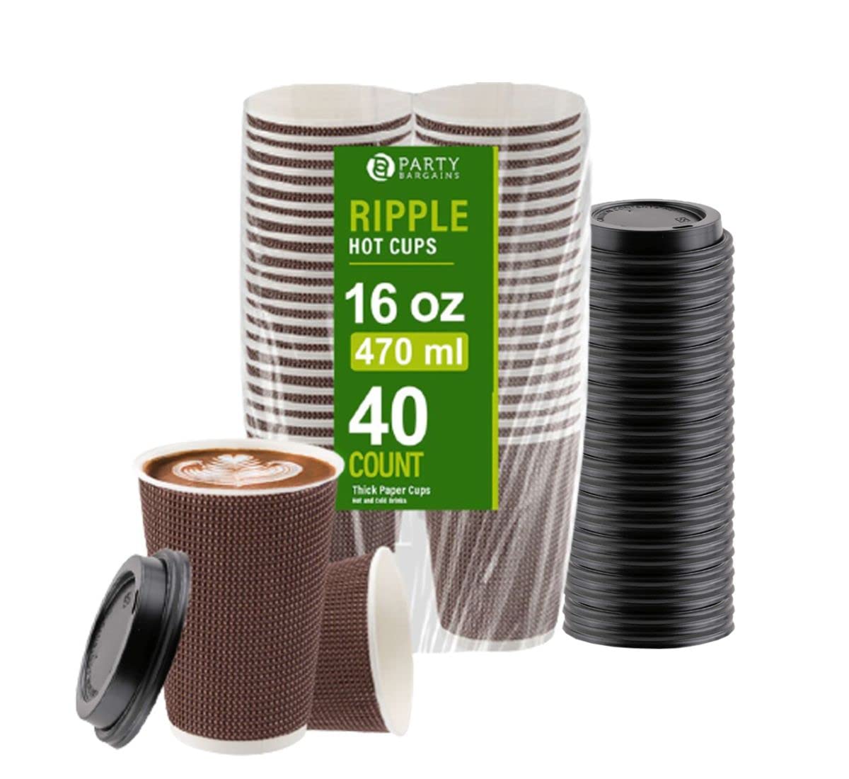 PARTY BARGAINS Ripple Hot Cups with Lids, 16 oz, 40 Count, Brown, Insulated Double Wall, Disposable Paper Coffee Cups, To-Go Cup, Tea, Hot Beverages, No Sleeve Needed