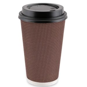 PARTY BARGAINS Ripple Hot Cups with Lids, 16 oz, 40 Count, Brown, Insulated Double Wall, Disposable Paper Coffee Cups, To-Go Cup, Tea, Hot Beverages, No Sleeve Needed