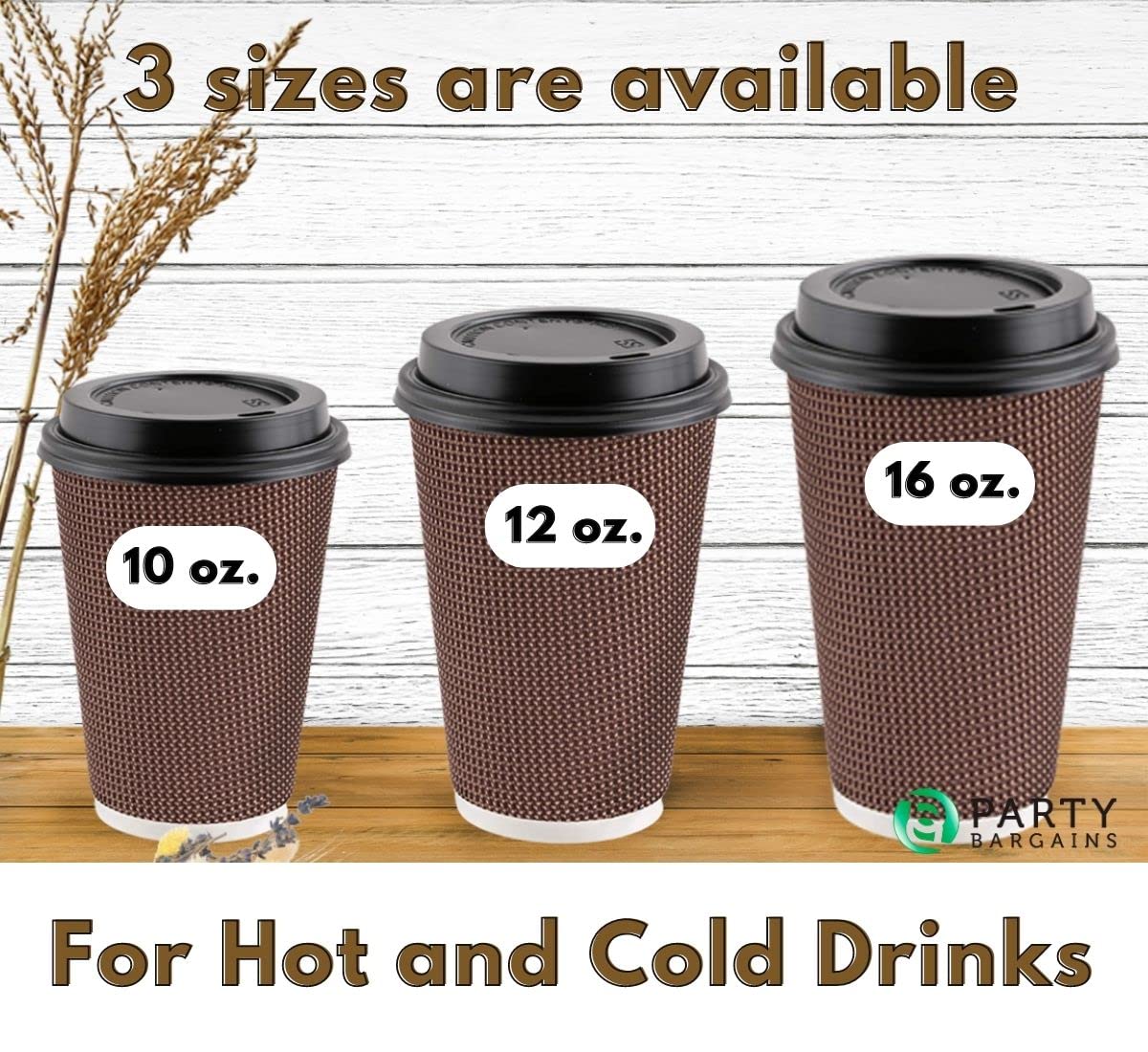 PARTY BARGAINS Ripple Hot Cups with Lids, 16 oz, 40 Count, Brown, Insulated Double Wall, Disposable Paper Coffee Cups, To-Go Cup, Tea, Hot Beverages, No Sleeve Needed