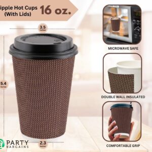 PARTY BARGAINS Ripple Hot Cups with Lids, 16 oz, 40 Count, Brown, Insulated Double Wall, Disposable Paper Coffee Cups, To-Go Cup, Tea, Hot Beverages, No Sleeve Needed