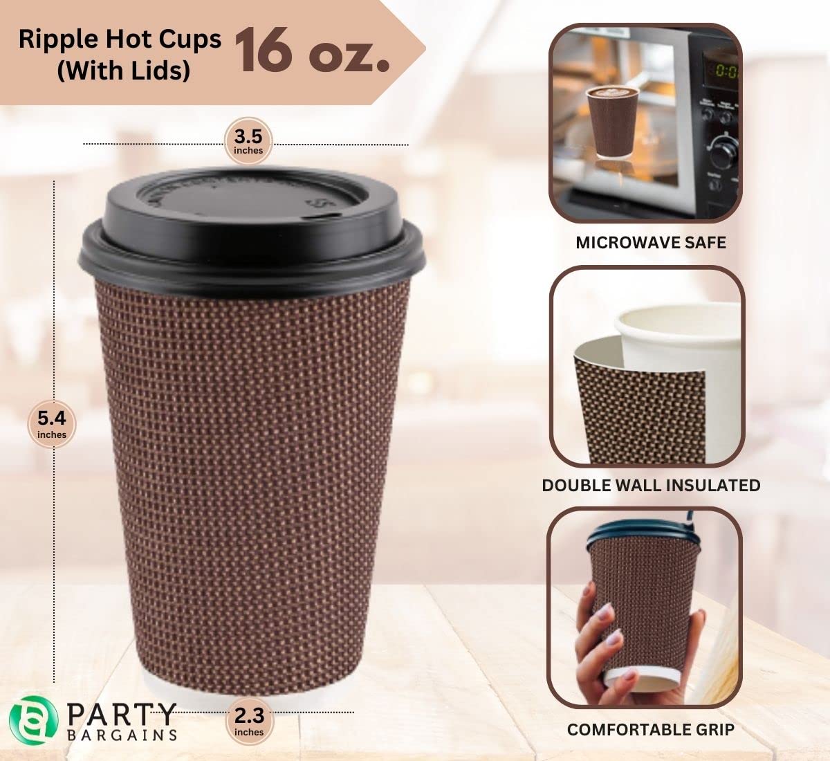 PARTY BARGAINS Ripple Hot Cups with Lids, 16 oz, 40 Count, Brown, Insulated Double Wall, Disposable Paper Coffee Cups, To-Go Cup, Tea, Hot Beverages, No Sleeve Needed