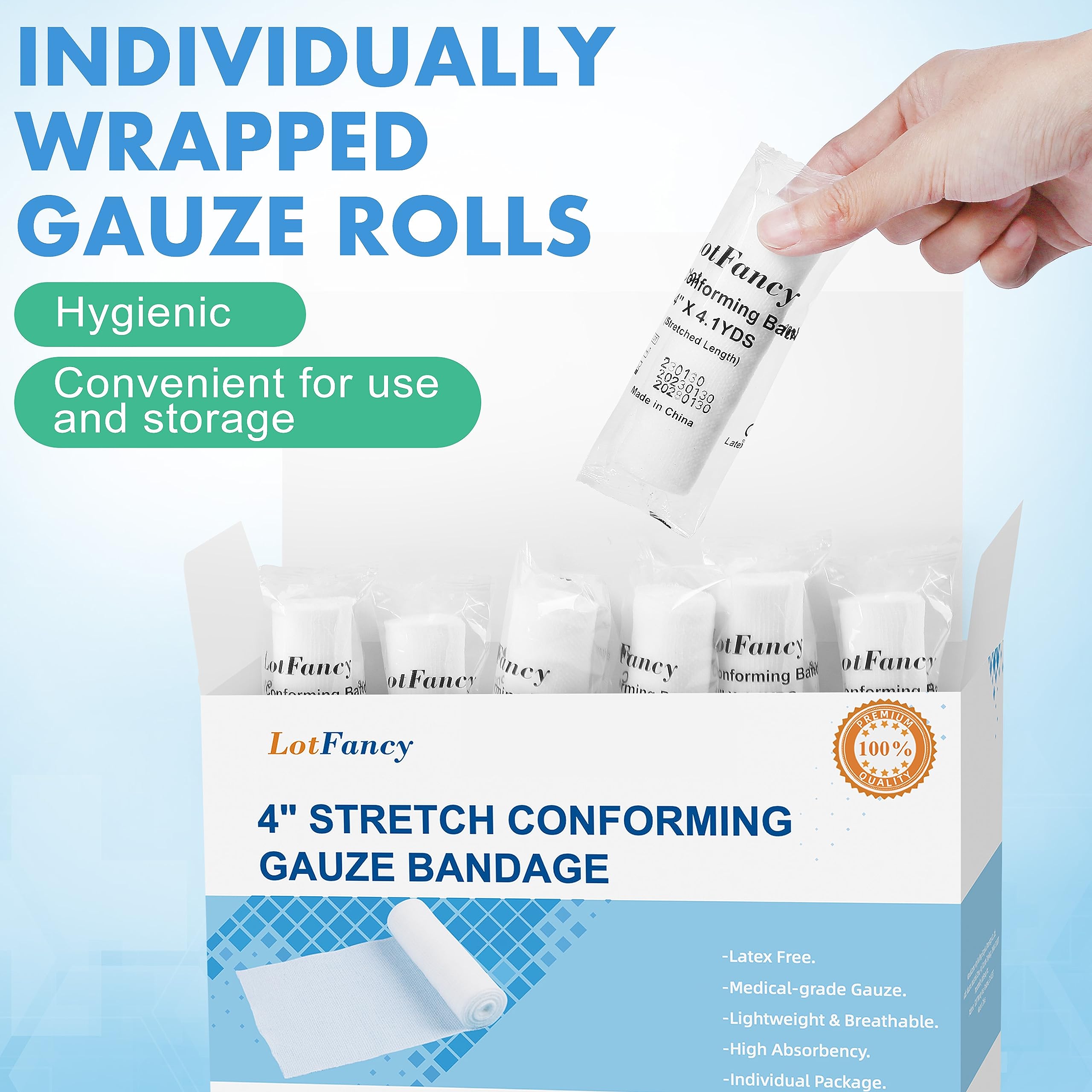 LotFancy Gauze Bandage Roll, 48-Count Gauze Wrap, 4" x 4 Yards Stretched, Conforming Gauze Rolls, Medical Wound Care Supplies for First Aid